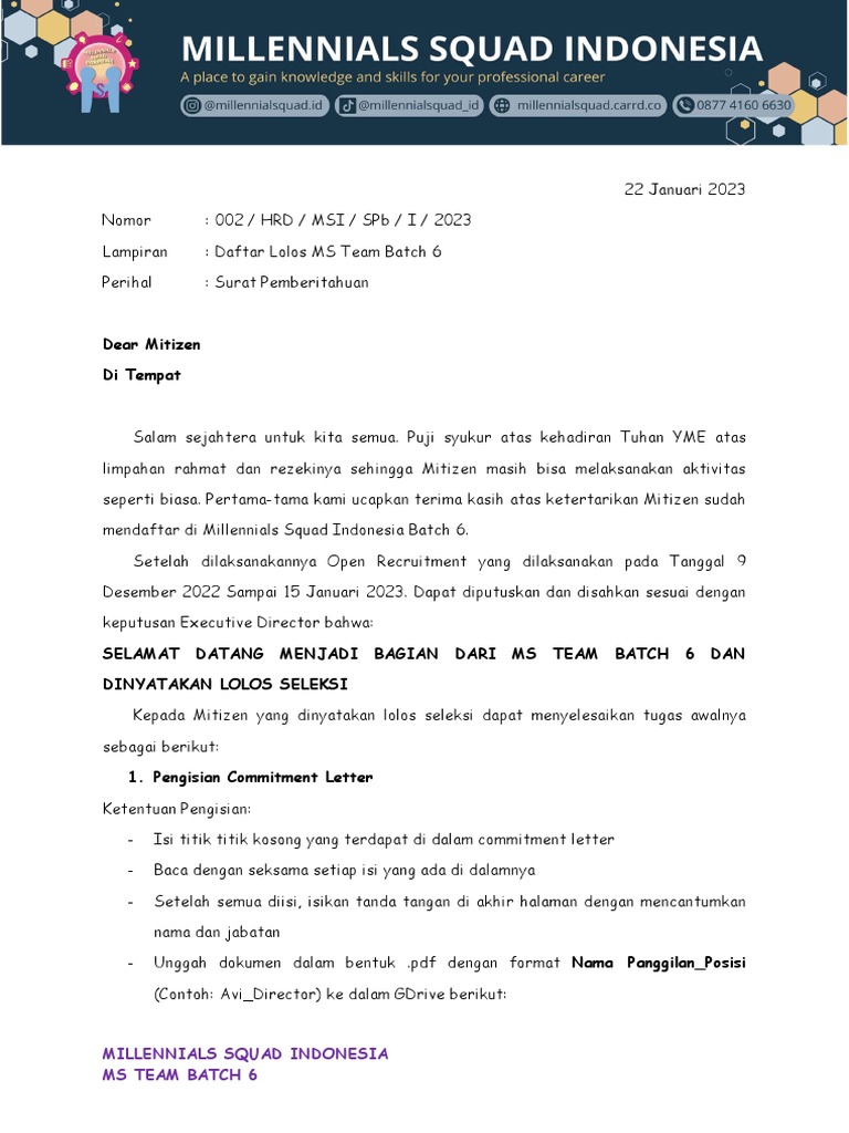 Pengumuman Lolos Ms Team Batch 6 | PDF