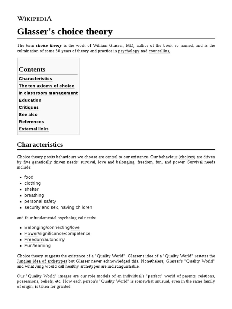 Glasser's Choice Theory | PDF | Psychotherapy | Psychiatry