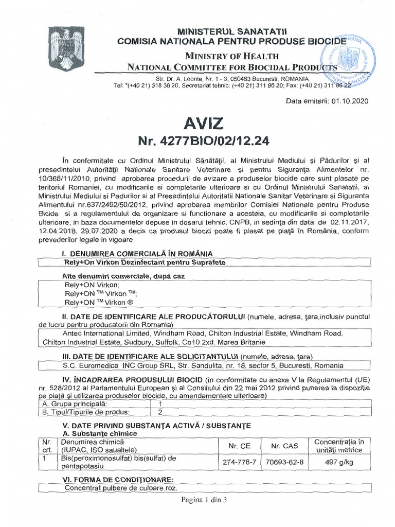 Aviz Biocid Nou Virkon (Nebulizare) | PDF