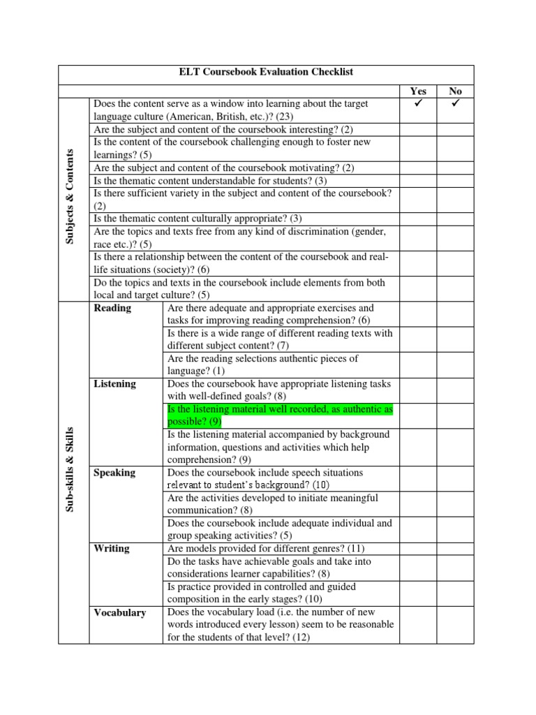 ELT Coursebook Evaluation Checklist | PDF | Textbook | Reading Comprehension