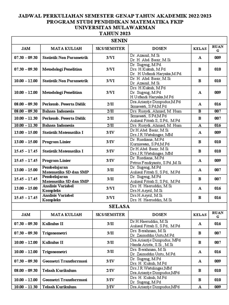Jadwal - Semester - Genap - 2022 - 2023) | PDF
