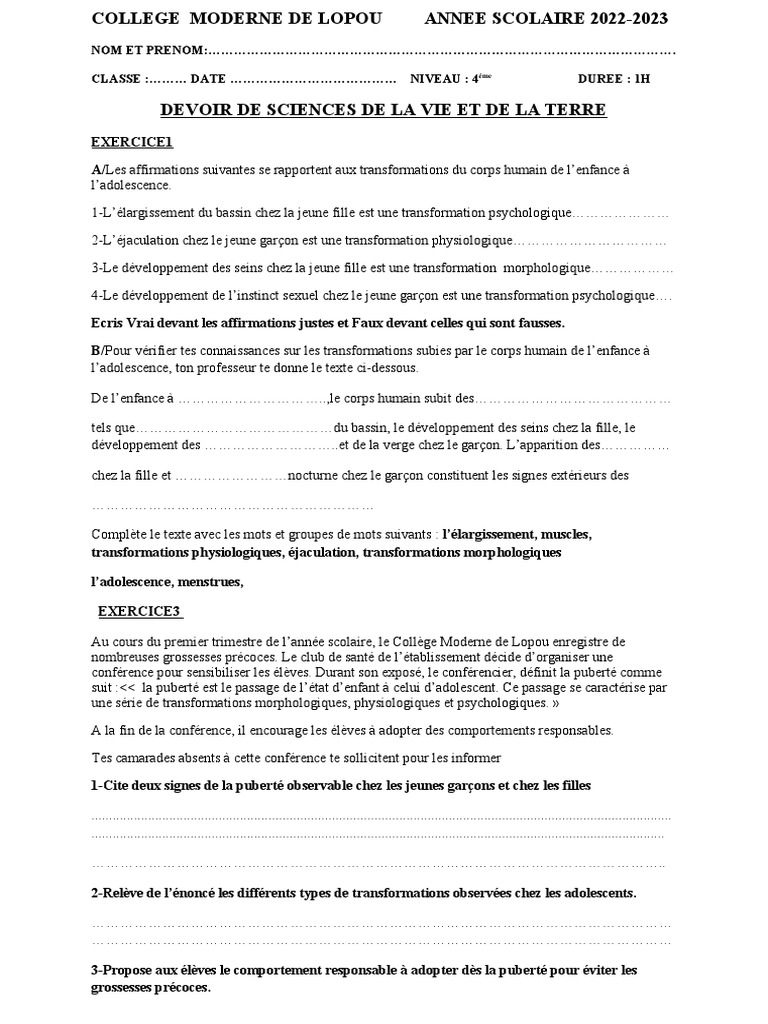 DEVOIR DE SVT 4è LOPOU | PDF | Adolescence | Zoologie