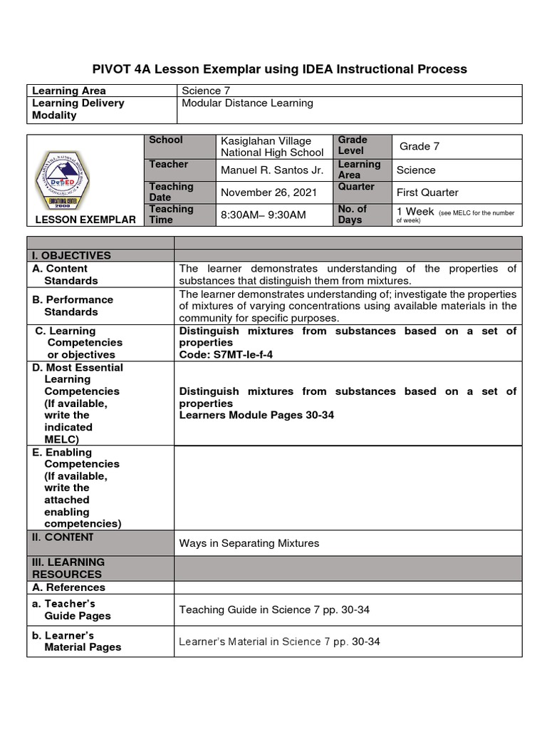 COT 1 - Manuel Santos Lesson Exemplar-November 26, 2021 | PDF | Filtration | Learning