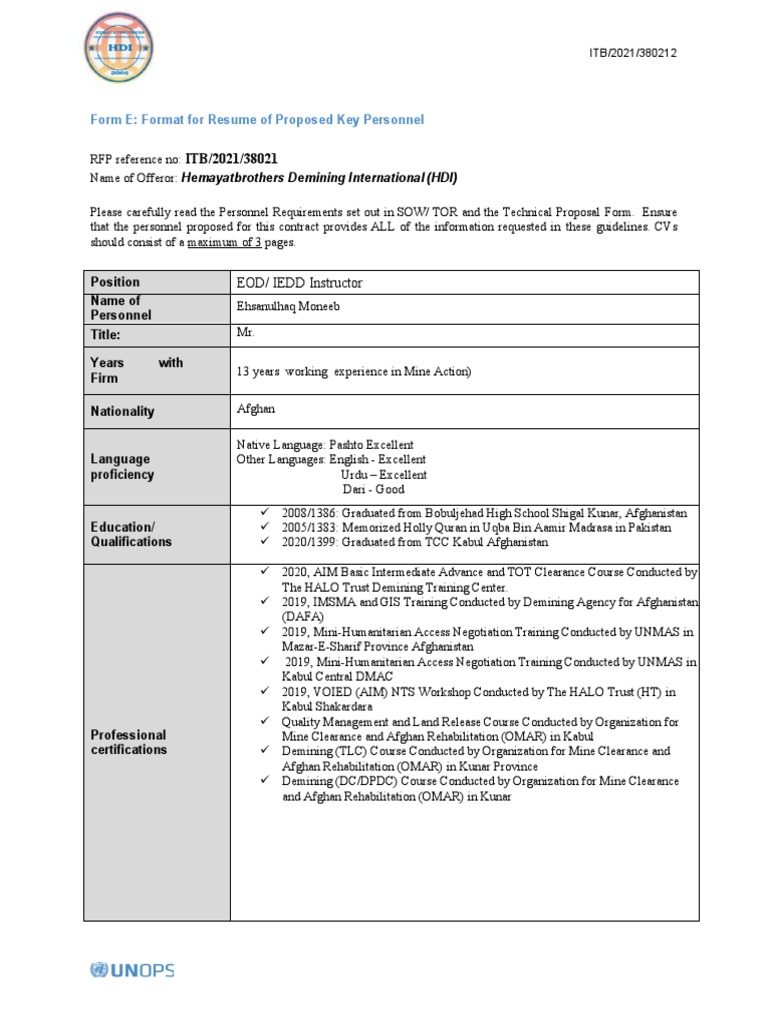 Form E Ehsanulhaq Muneeb CV EOD IEDD Instructor | PDF | Afghanistan ...