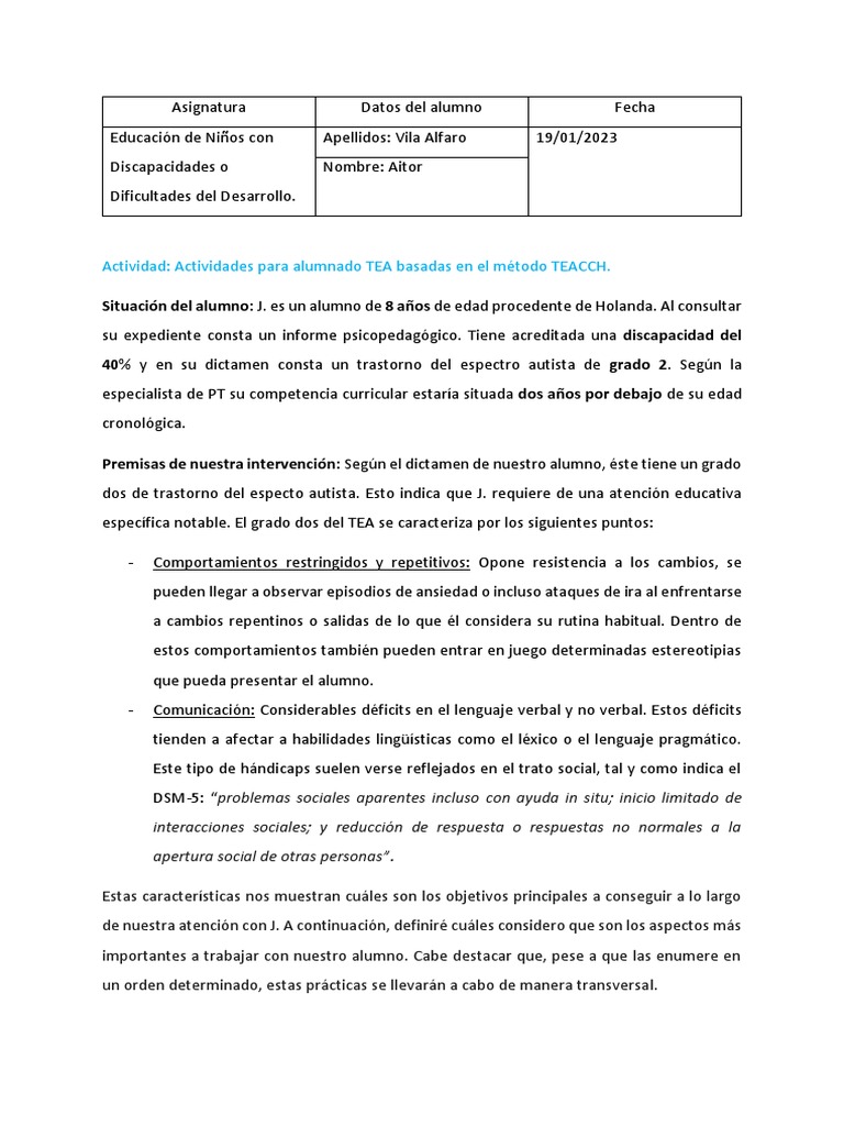 Trabajo Teacch (Aitor Vila Alfaro) | PDF | Espectro autista | Salón de clases