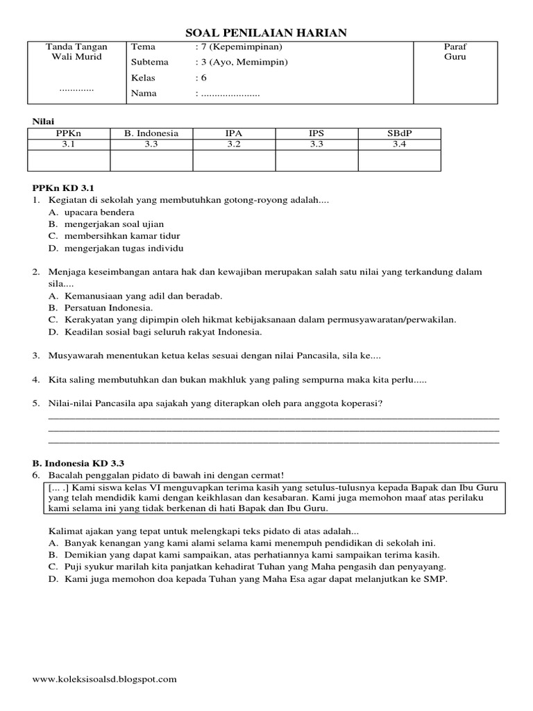 Soal Penilaian Harian Kelas 6 Tema 7 Subtema 3 | PDF