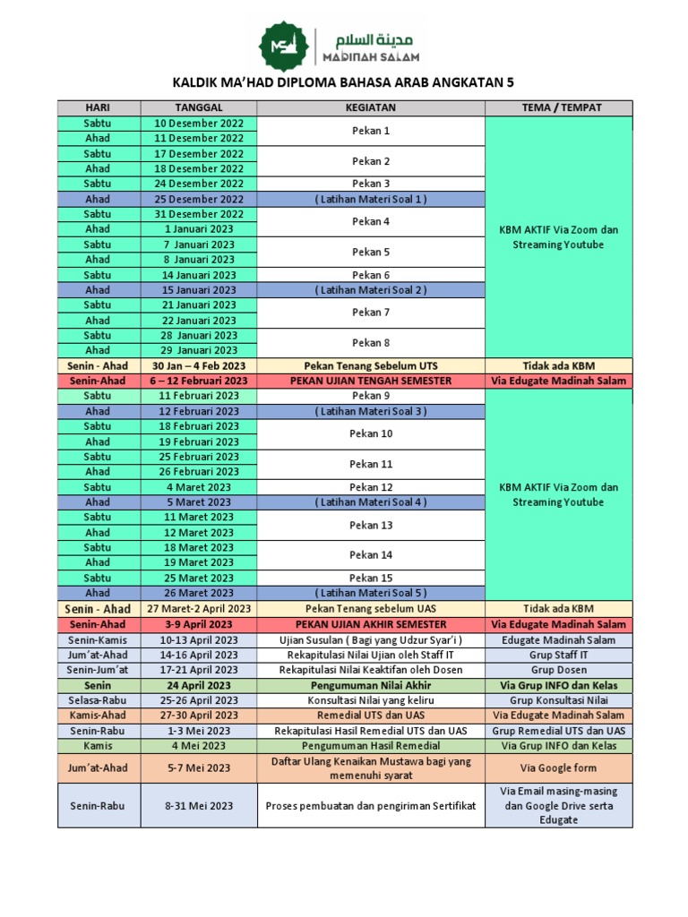 Jadwal Kegiatan KaldiK Ma'had Diploma | PDF