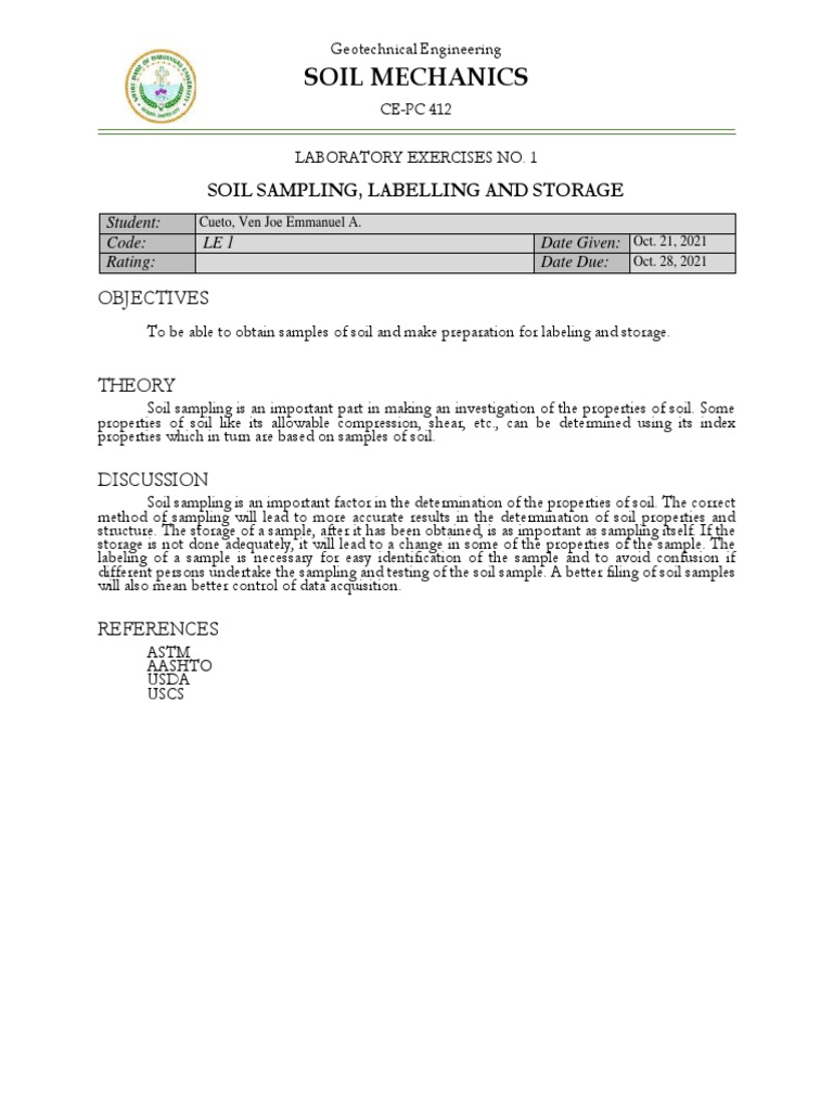 CUETO Laboratory Exercise 1 Soil Sampling | PDF | Soil | Clay