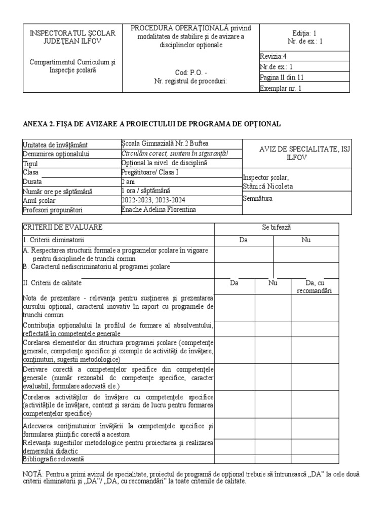 Fisa de Avizare Optional | PDF