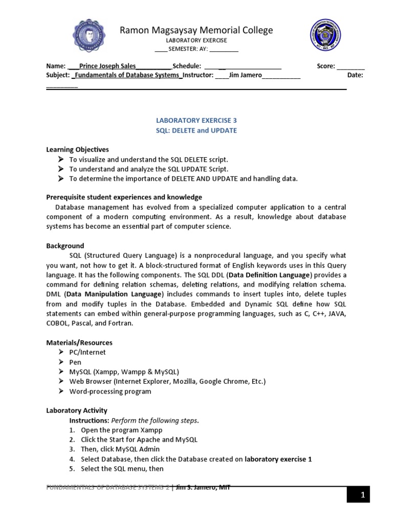 Laboratory Exercise On Sql Delete And Update Statements Manipulating Data In A Database Pdf 9456