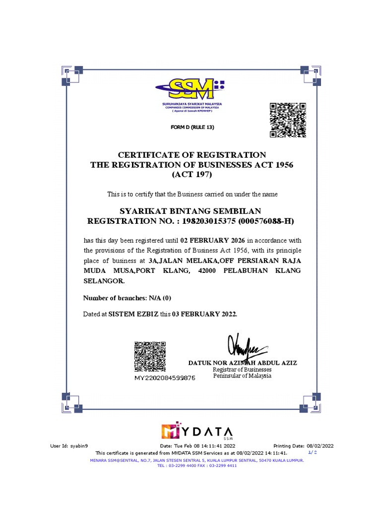 Certificate of Registration The Registration of Businesses Act 1956 ...