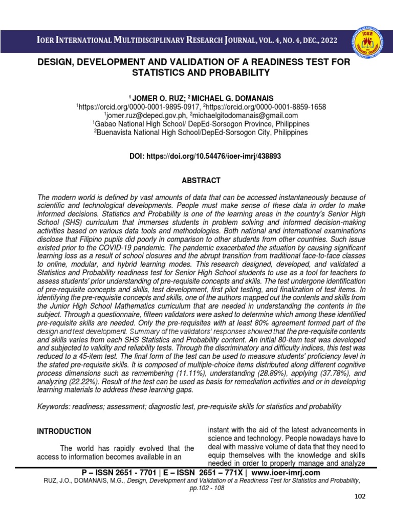 Design, Development and Validation of A Readiness Test For Statistics ...