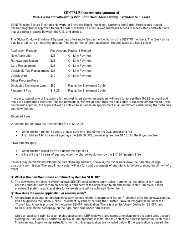 Sentri - FAQ | PDF | U.S. Customs And Border Protection | Fee