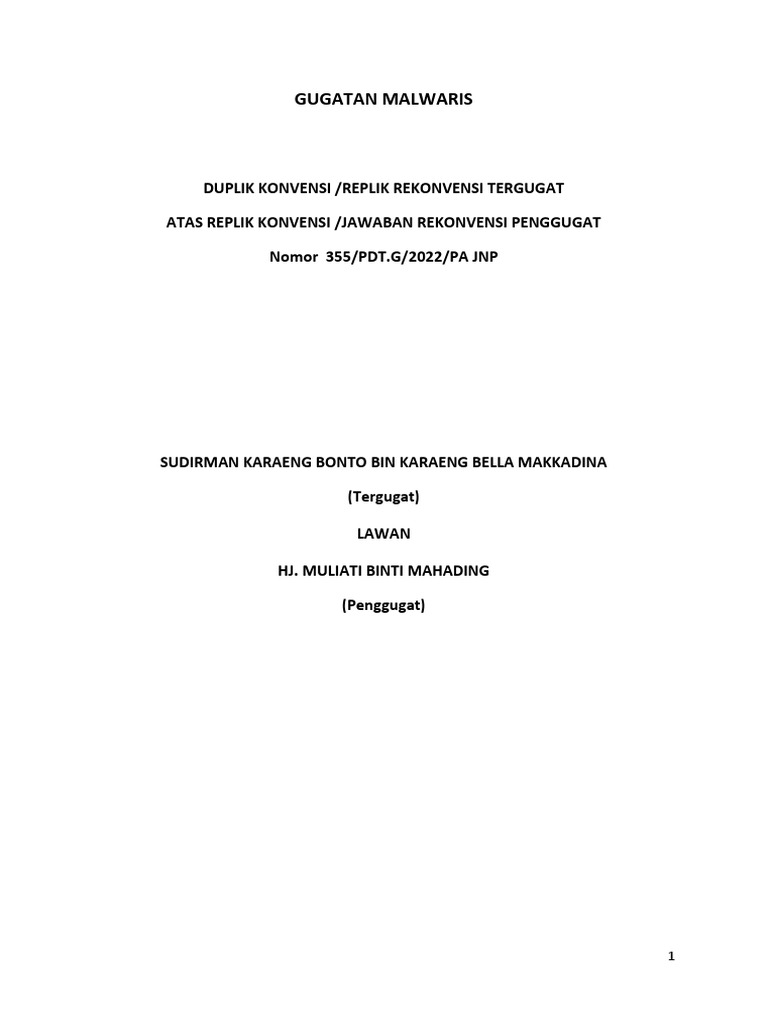 Duplik Konvensi Dan Replik Rekonvensi Nomor 355-2022 | PDF