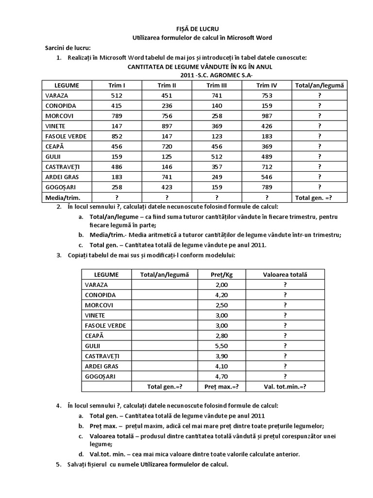 Fisa de Lucru Utilizarea Formulelor de Calcul in Word | PDF