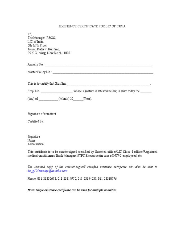 LIC Life Certificate Format | PDF
