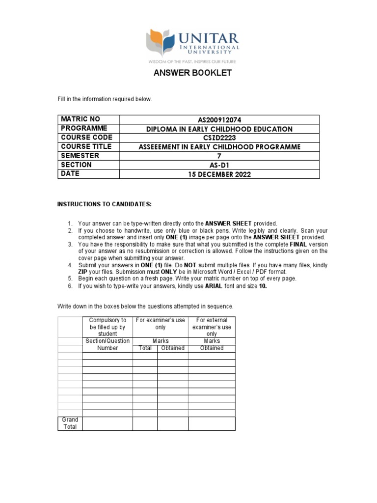 Answer Booklet | PDF | Child Development | Psychology