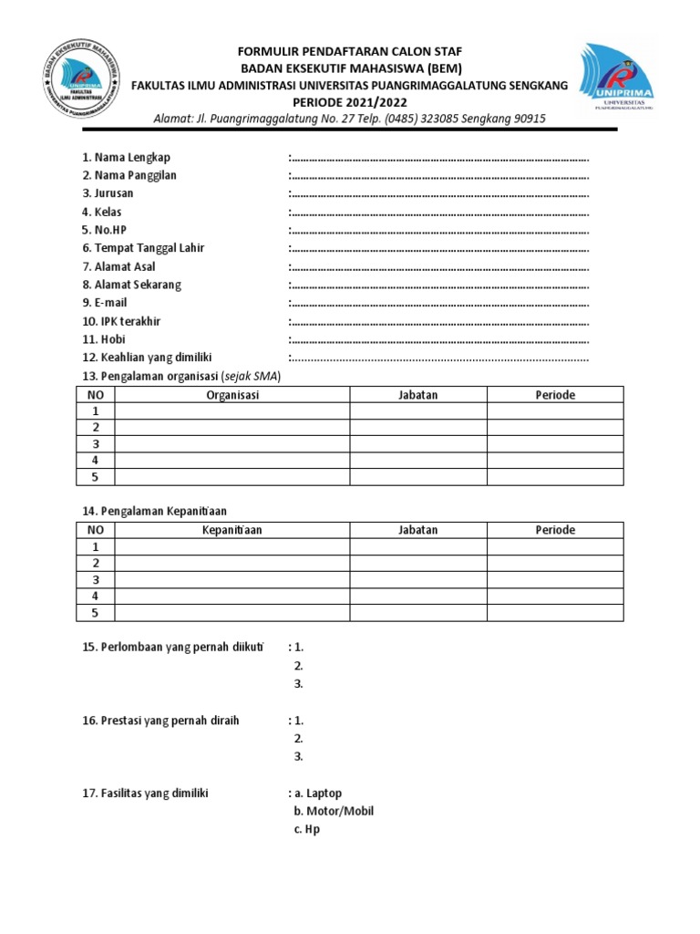 Formulir Pendaftaran Staf BEM 2021/2022 | PDF | Bisnis | Komputer