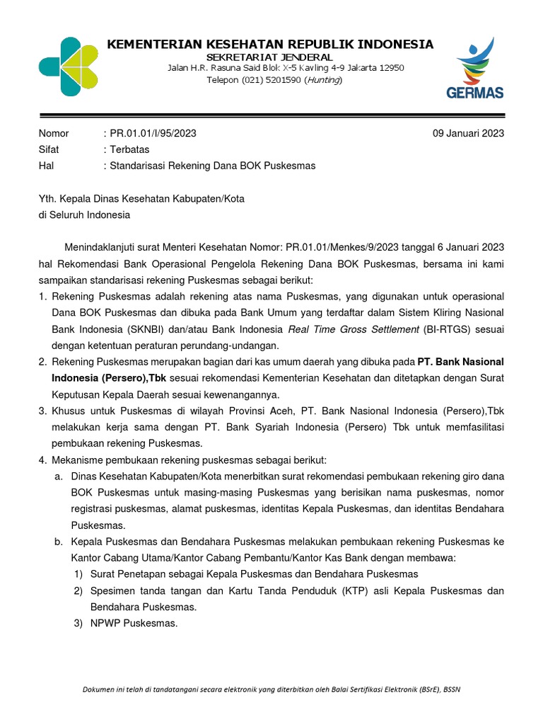 Surat Edaran Kemenkes RI TTG Standarisasi Rekening BOK PKM | PDF