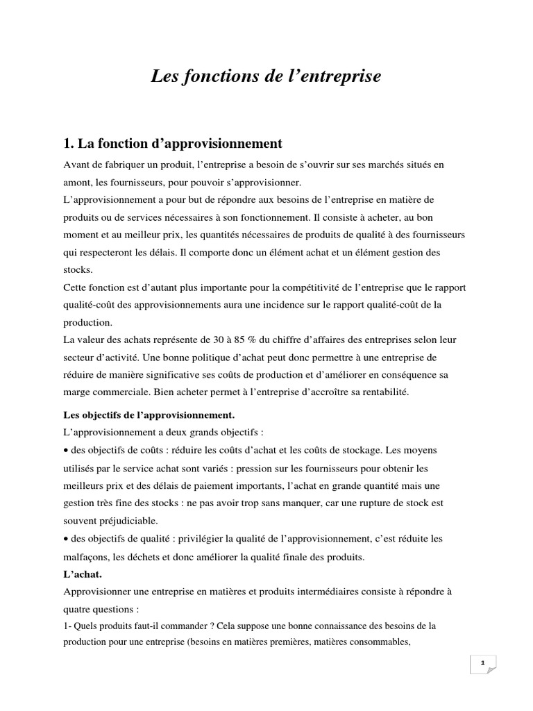Fonctions clés de l'entreprise : Approvisionnement, Marketing, RH | PDF | Gestion des ressources ...