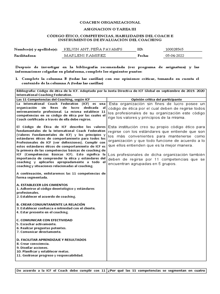 Código Ético y Competencias del Coaching | PDF | Sicología | Ciencia ...