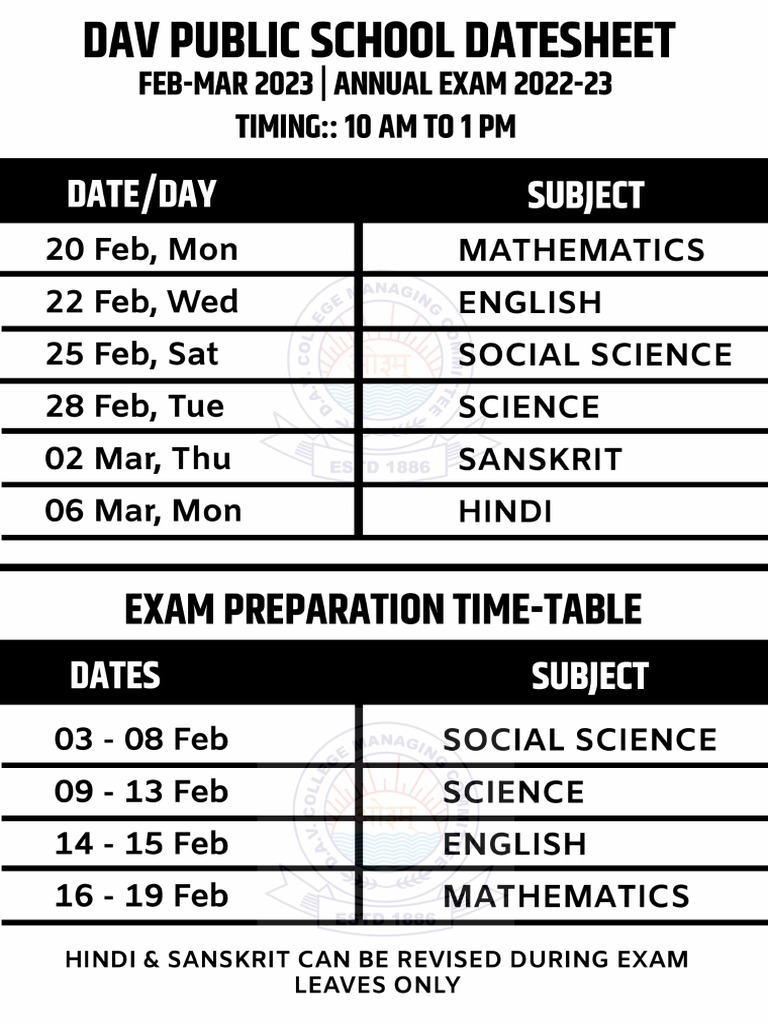 DAV ANNUAL EXAM 2023 Time Table C8 | PDF