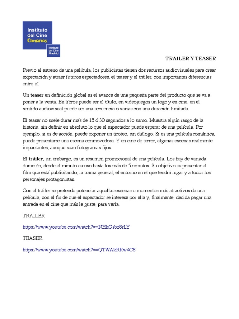 Diferencias entre Teaser y Tráiler | PDF | Juegos y actividades