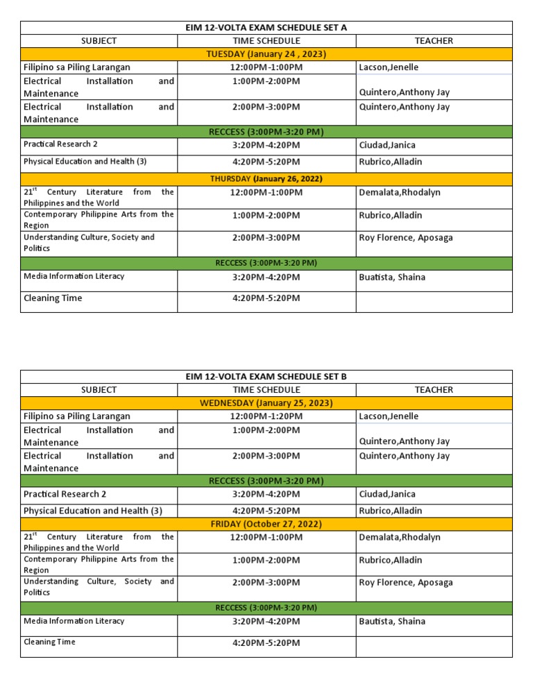 EIM 12-Volta Exam Schedule 2023 | PDF