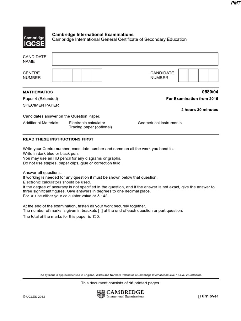 Specimen QP - Paper 4 CIE Maths IGCSE | PDF | Significant Figures ...