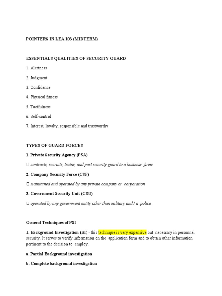Reviewer in Lea 103 Midterm | PDF | Background Check | Security Guard