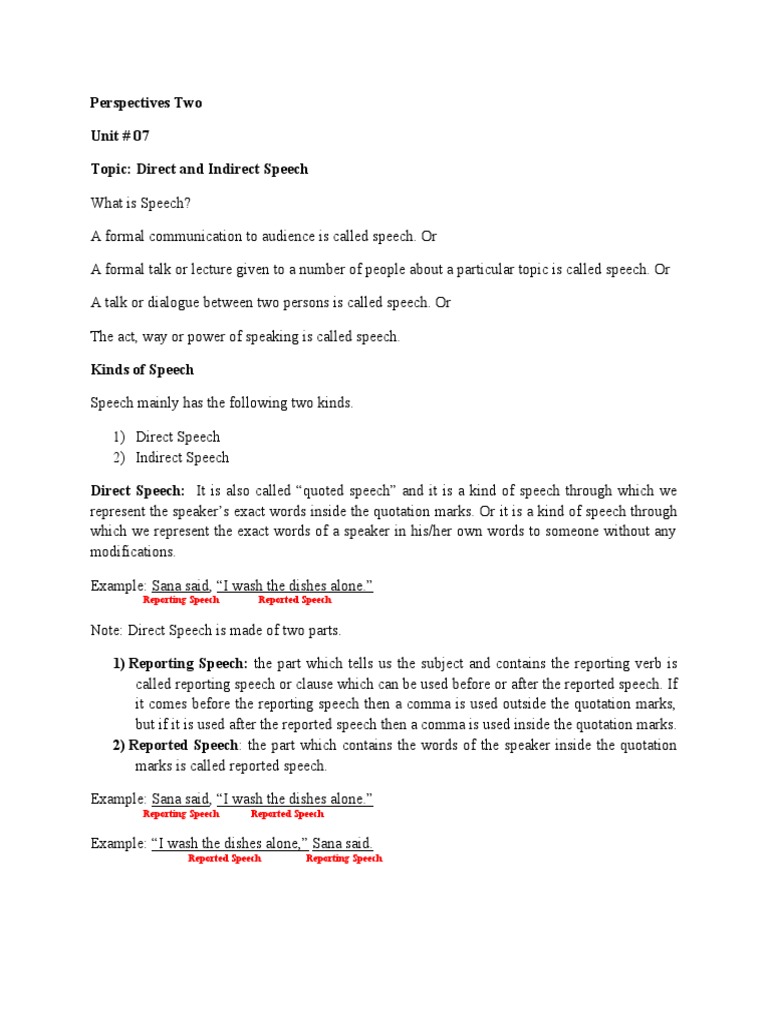 Direct And Indirect Speech Pdf Question Verb