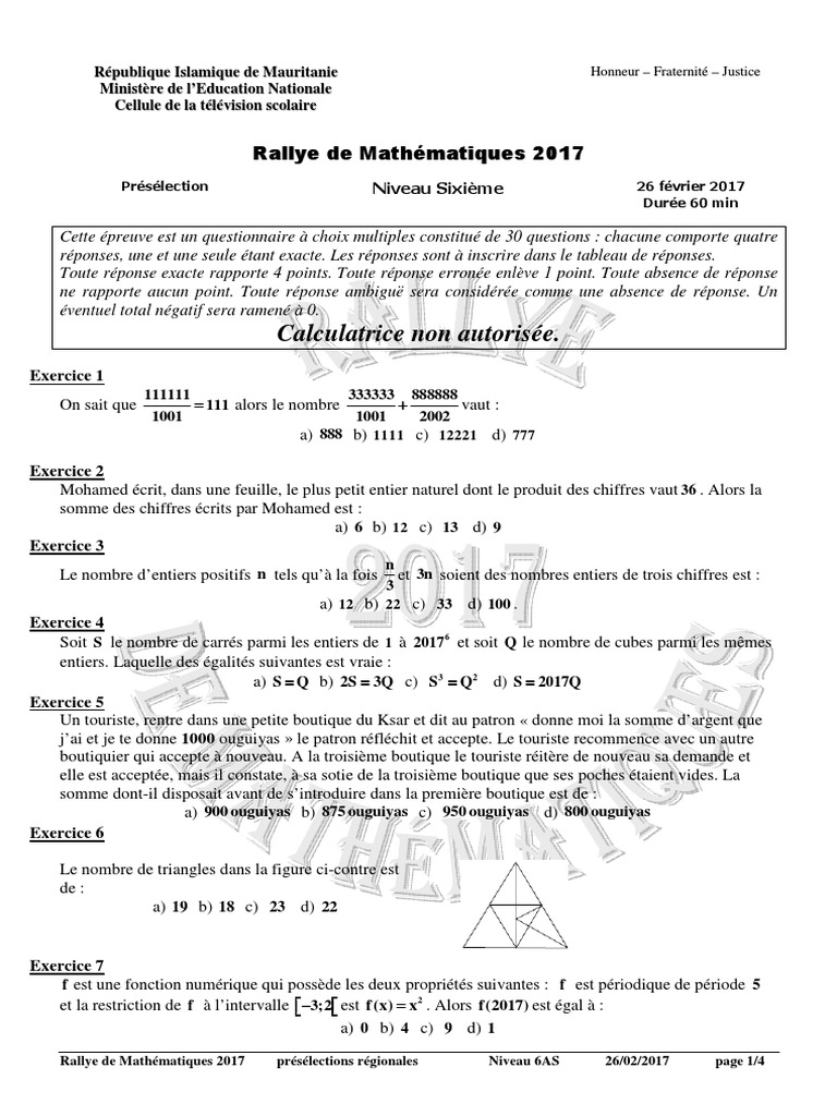 Rallye Maths 2017 - Niveau 6ème | PDF | Triangle | Géométrie