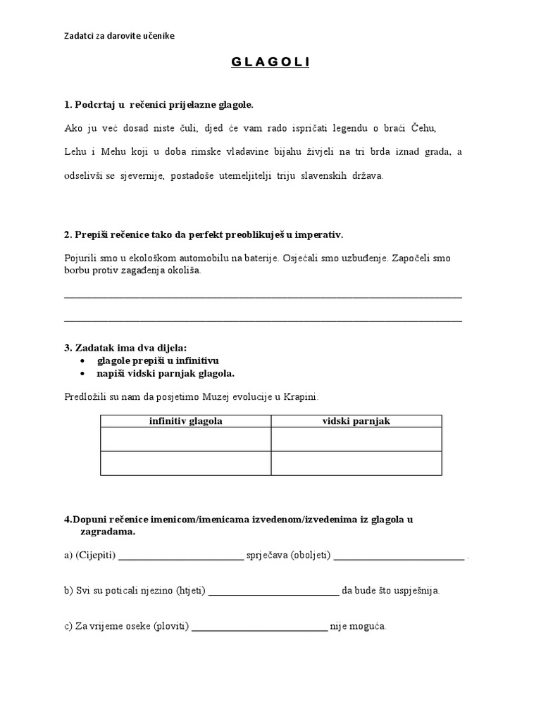 Glagoli: 1. Podcrtaj U Rečenici Prijelazne Glagole | PDF