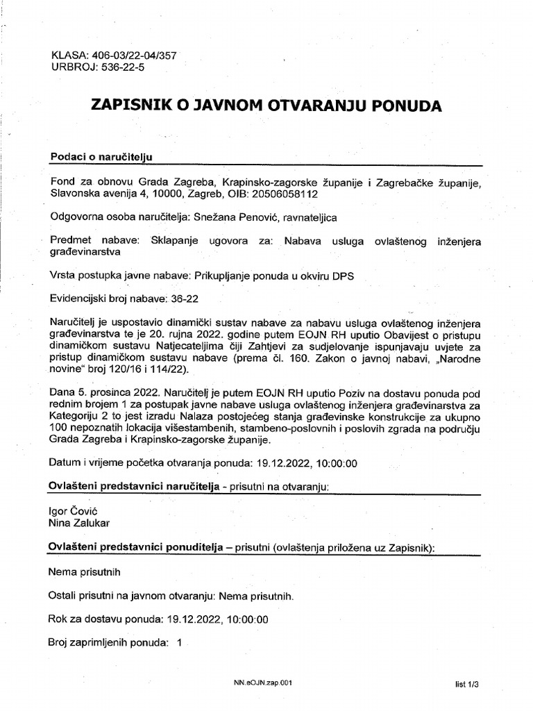 Zapisnik o Javnom Otvaranju Ponuda | PDF