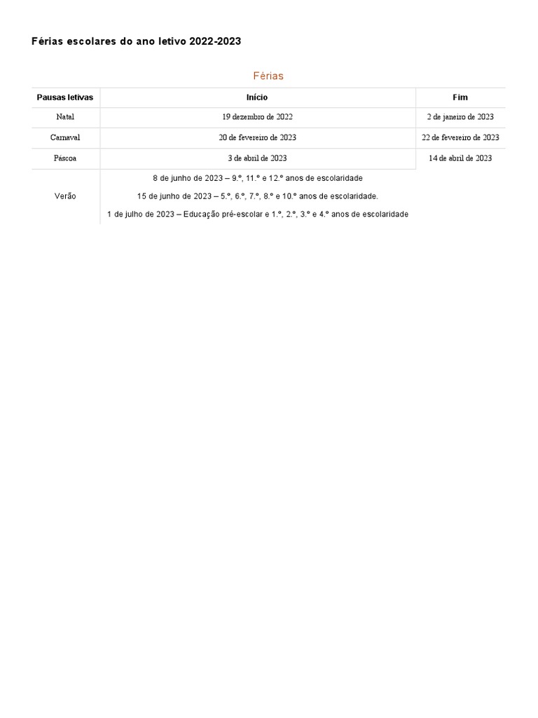 Férias Escolares 2022-2023 | PDF
