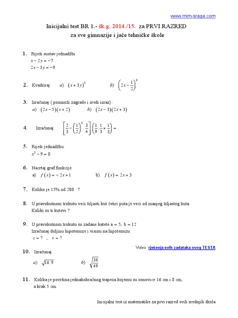 Matematika 1 Testovi I Provjere | PDF