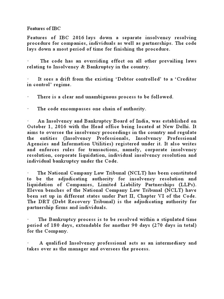 Features of IBC | PDF | Insolvency | Bankruptcy
