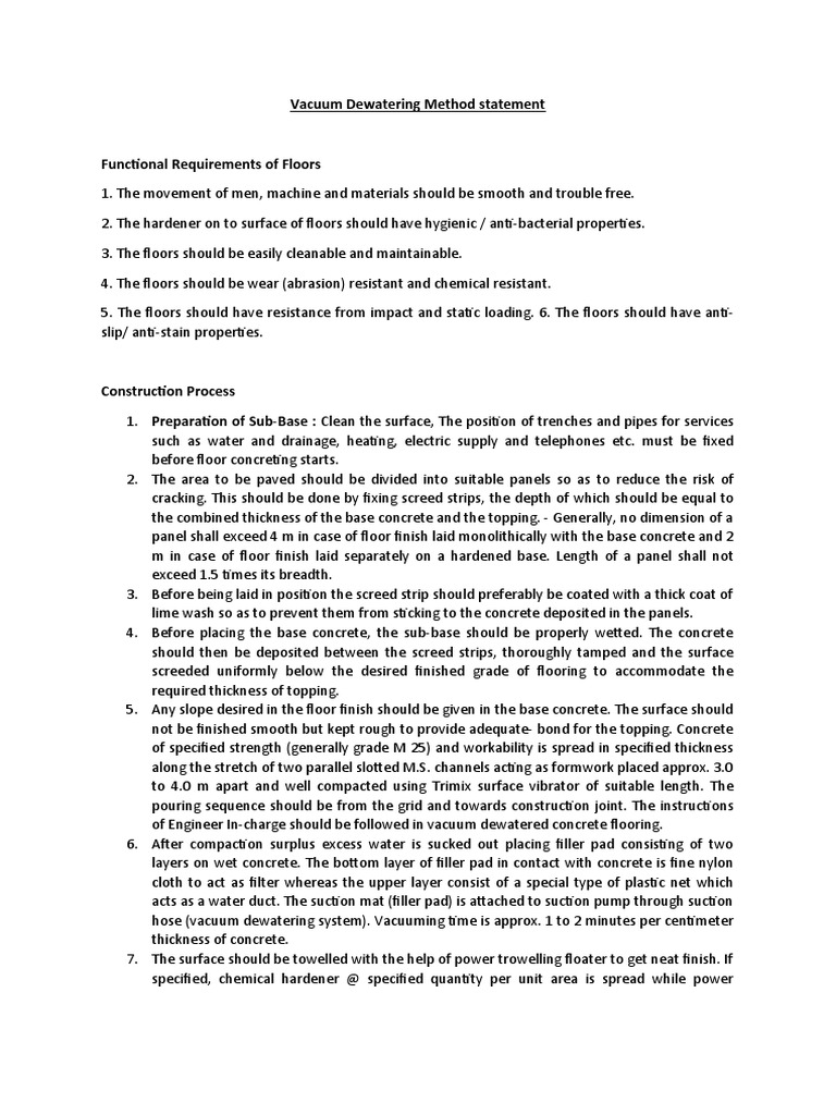 Vaccum Dewatering Concrete Method Statement | PDF | Concrete | Civil Engineering
