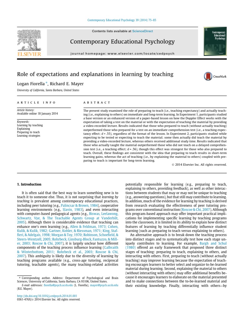 2014 - Role of Expectations and Explanations in Learning by Teaching | PDF | Teaching Method ...