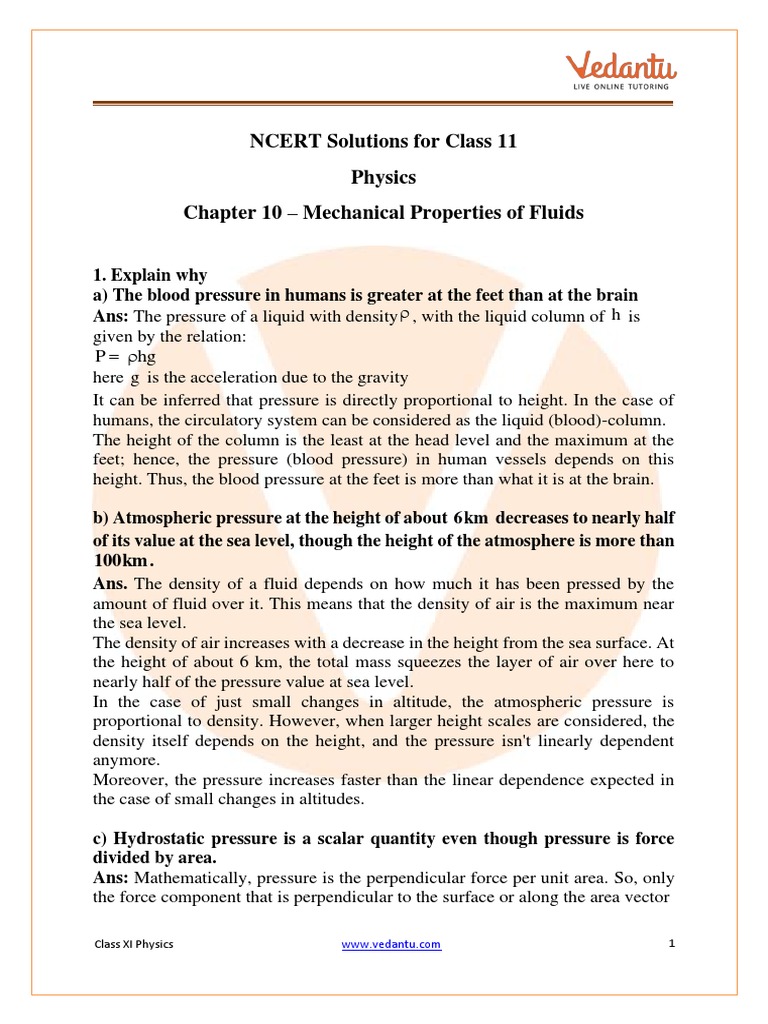 Class 11 - Physics - Mechanical Properties of Fluids | PDF | Pressure ...