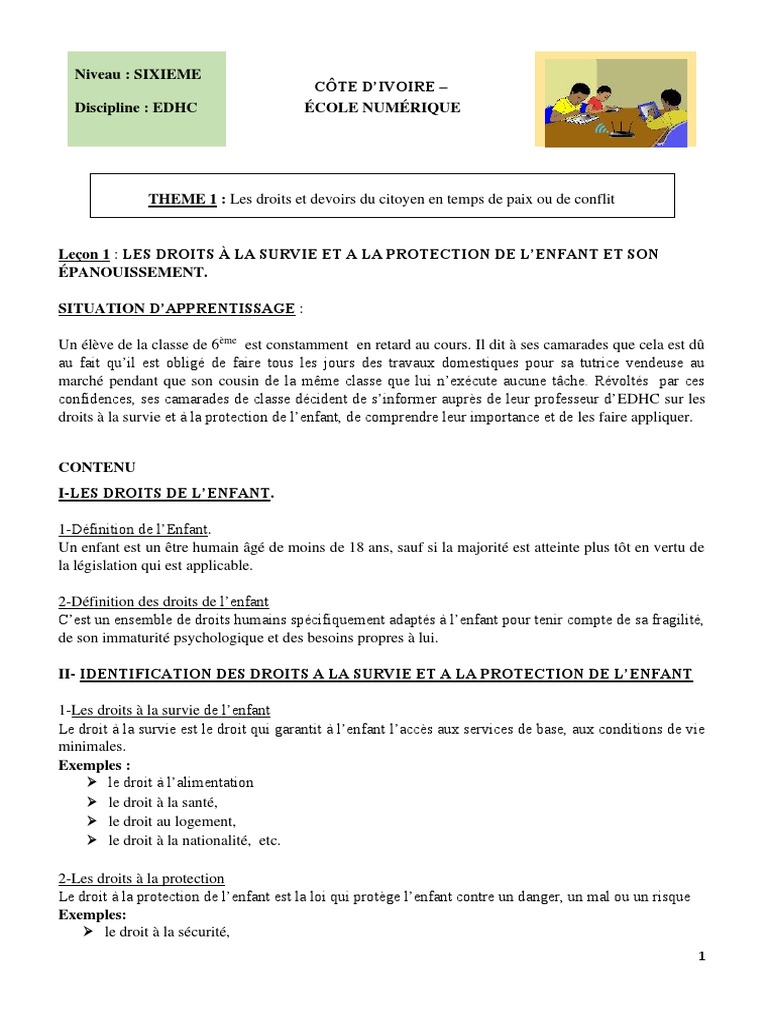 Droits de l'Enfant en EDHC 6ème | PDF | Droits des enfants | Éthique ...