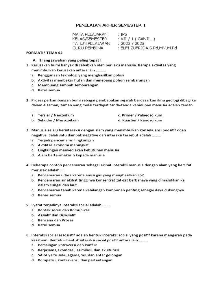 Ujian IPS Kelas VII Semester Ganjil | PDF