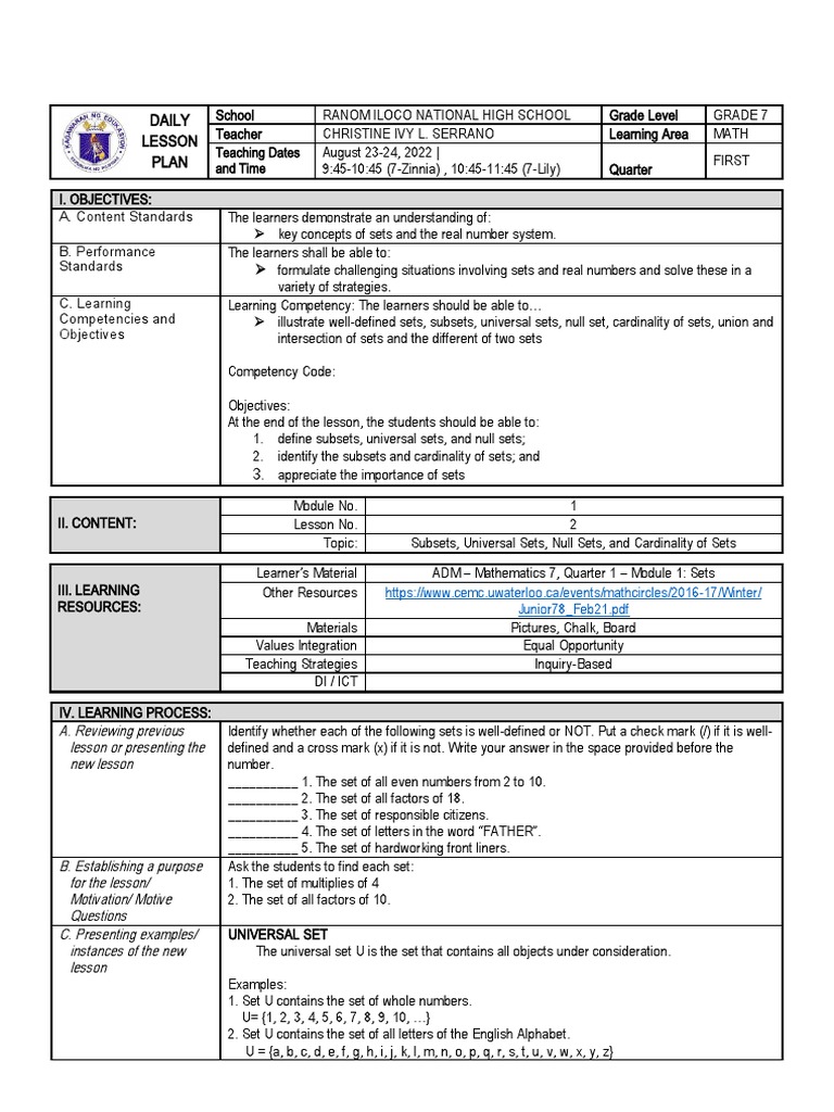 Understanding Sets: Subsets, Universal Sets, Null Sets, and Cardinality | PDF | Empty Set ...