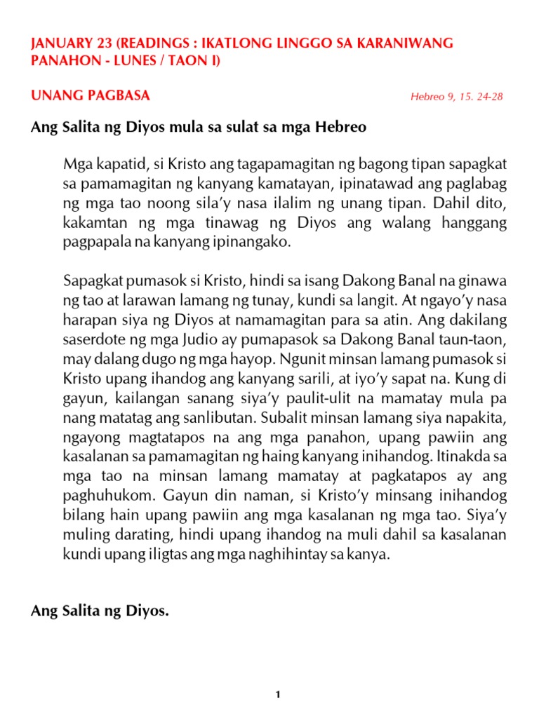 Jan 23 Mass 3rd Sunday in Ordinary Time Monday Year 1 | PDF