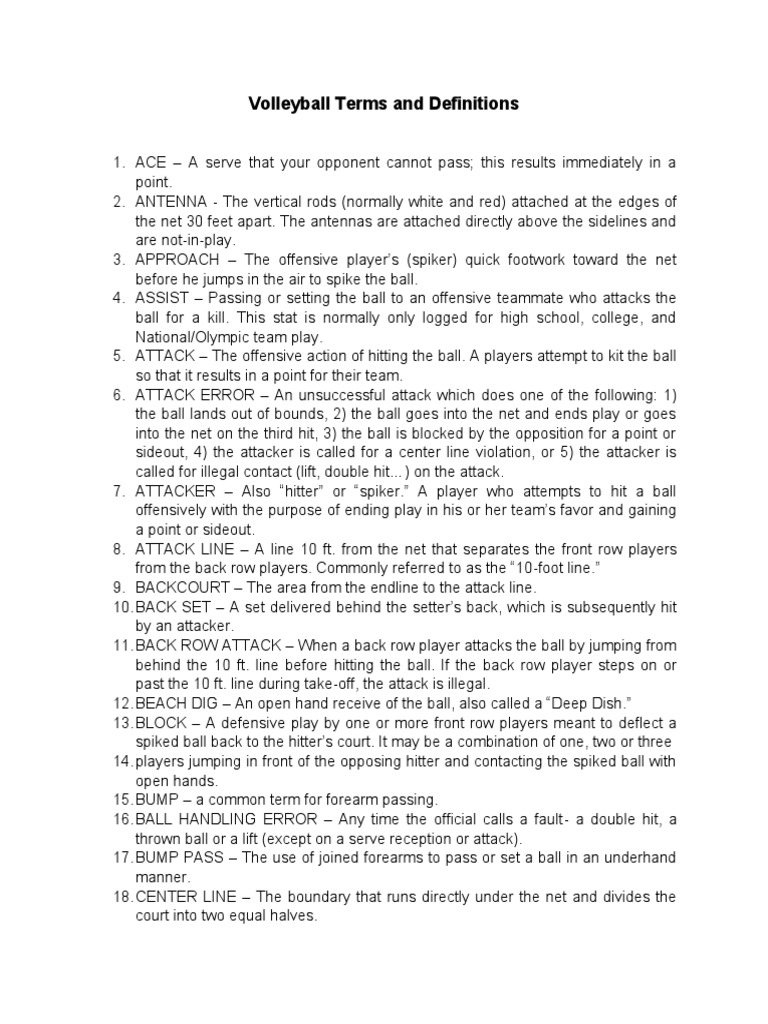Volleyball Terms and Definitions | PDF | Volleyball | Entertainment