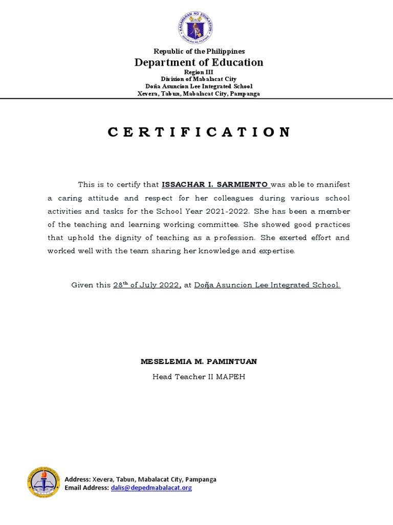 Certification: Department of Education | PDF