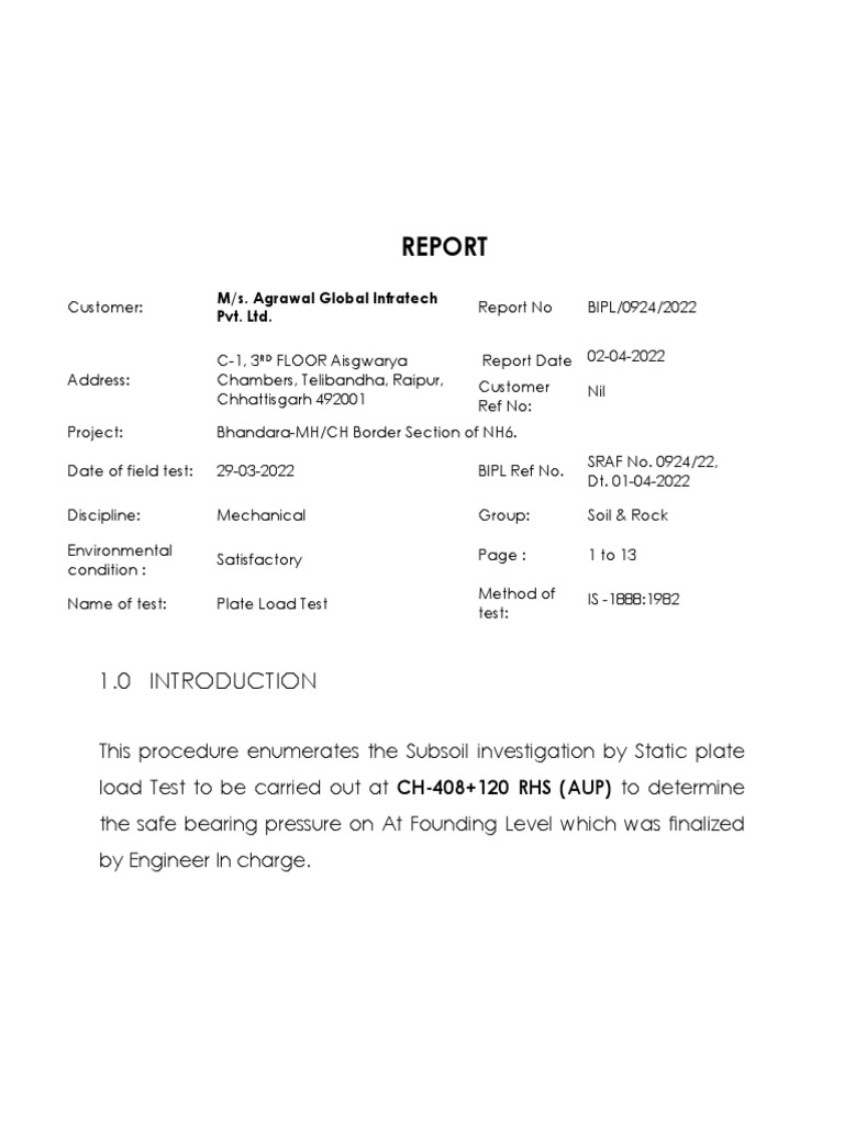 Plate Load Test Determines Safe Bearing Capacity | PDF | Pressure ...