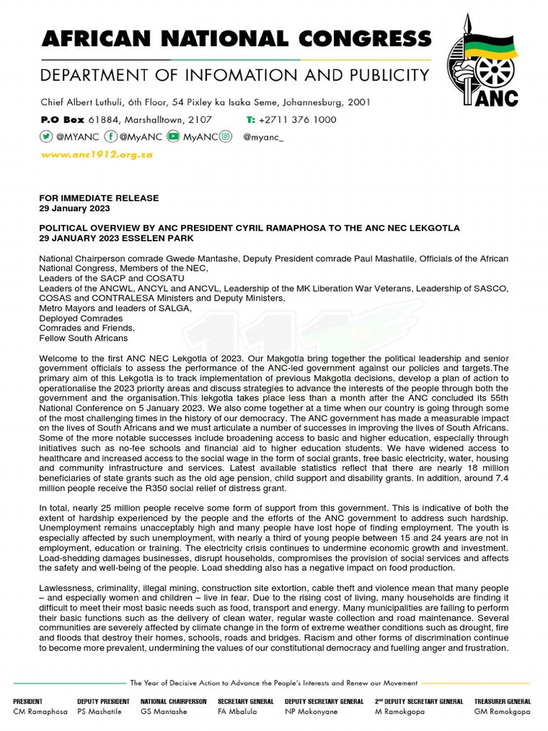 Political Overview by Anc President Cyril Ramaphosa To The Anc Nec Lekgotla 29 January 2023 ...