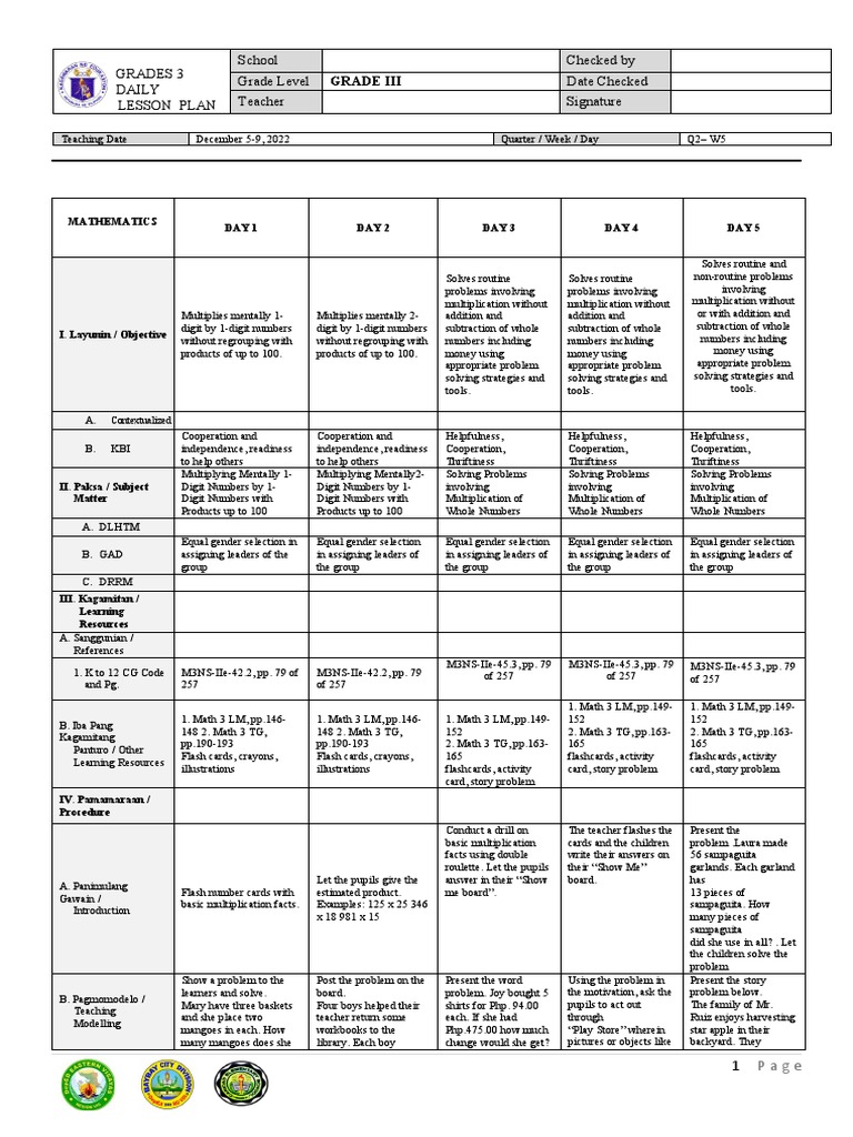 DLP Q2 W5 Math | Download Free PDF | Multiplication | Subtraction