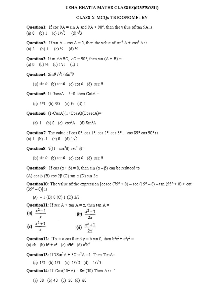CLASS X MCQs TRIGONOMETRY | PDF | Trigonometric Functions | Geometry